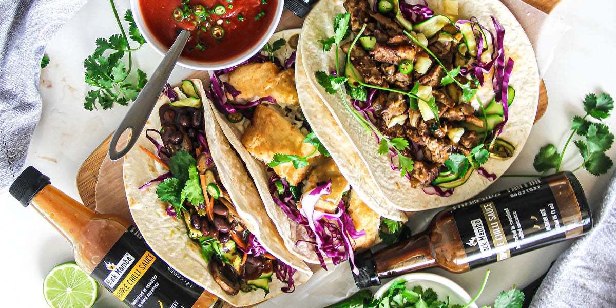Trio of Tacos - Beef Strips, Crispy Fish & Vegetarian – Black Mamba Chilli